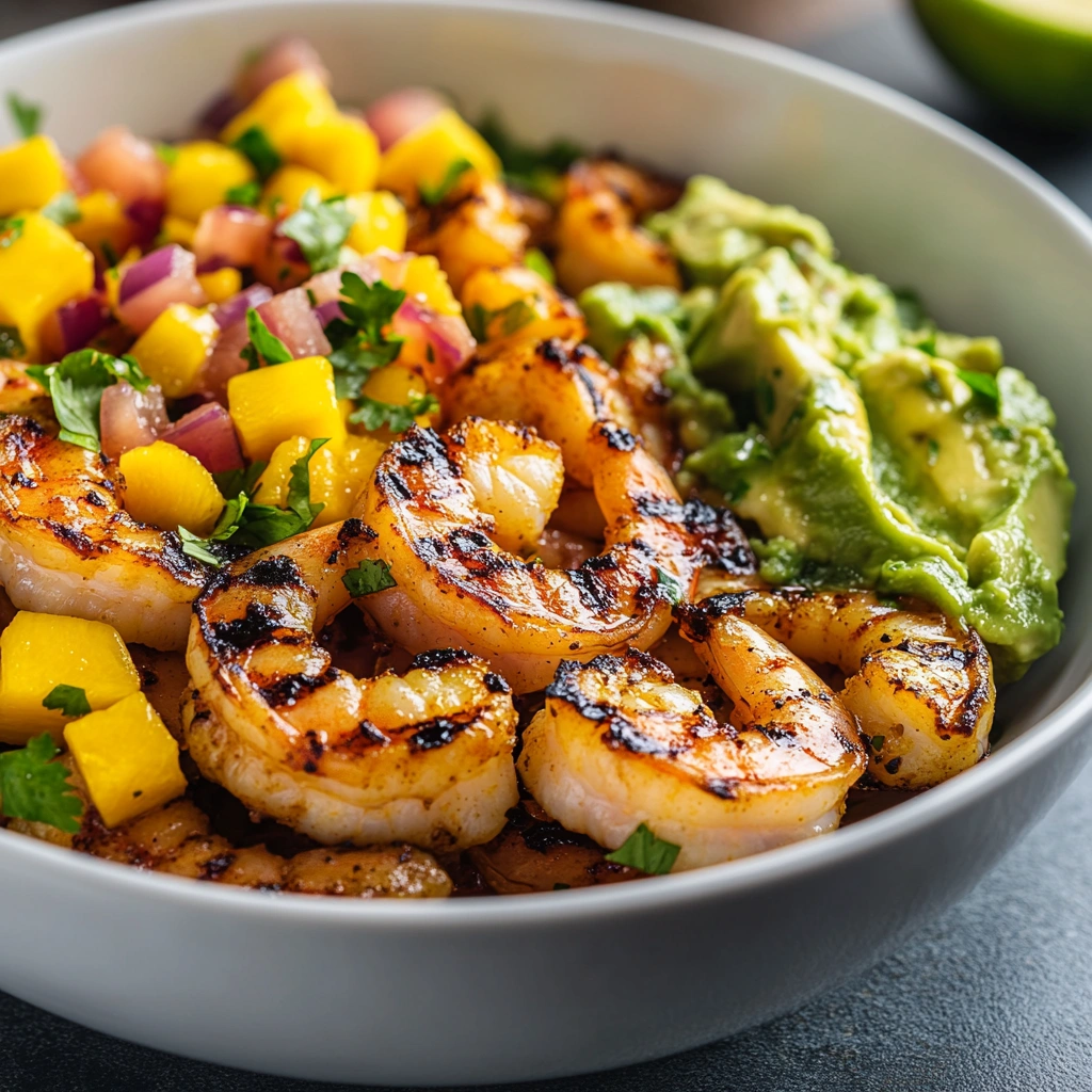 Shrimp and Avocado Bowls with Mango Salsa & Lime-Chili Sauce