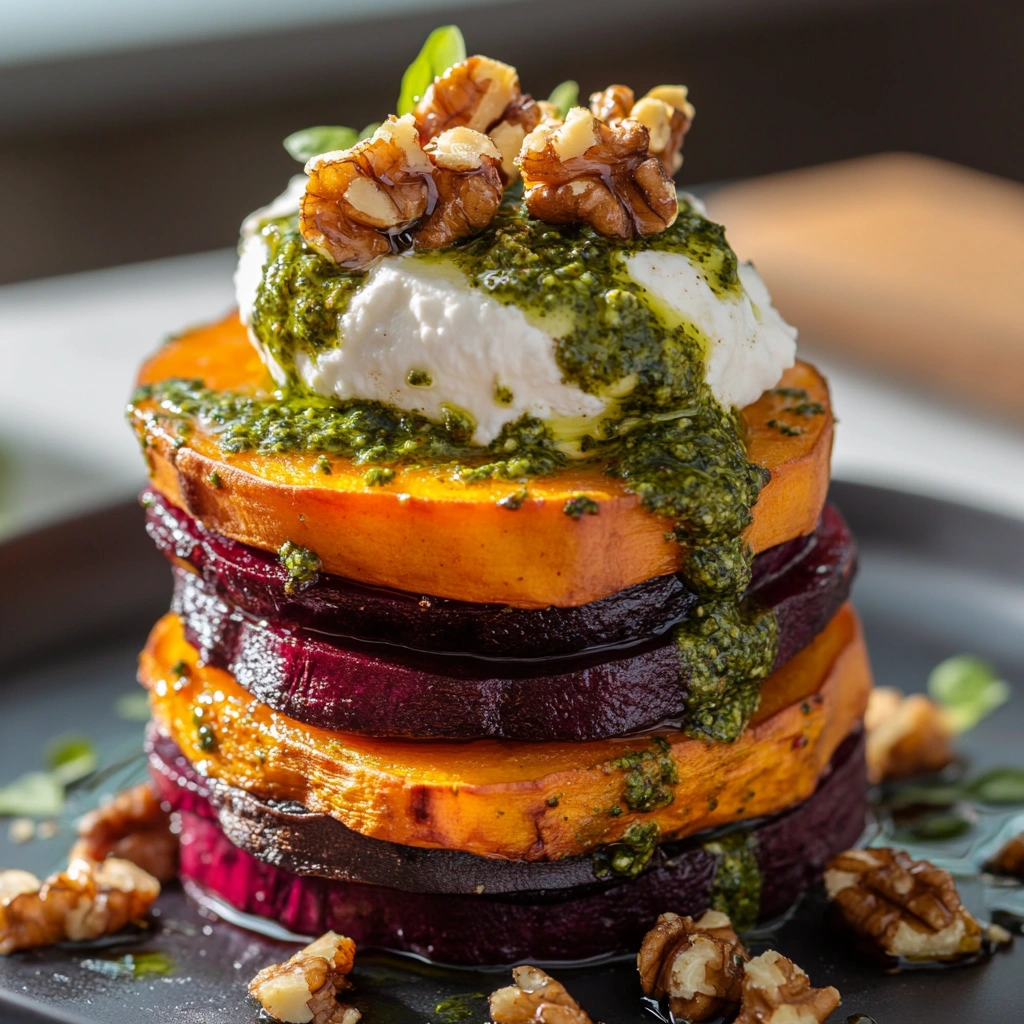 Sweet Potato & Beet Stacks with Pesto, Burrata & Walnuts