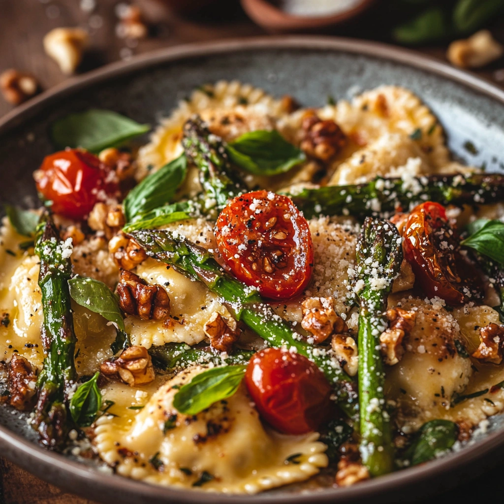 Ravioli with Tomatoes Asparagus Garlic and Herbs