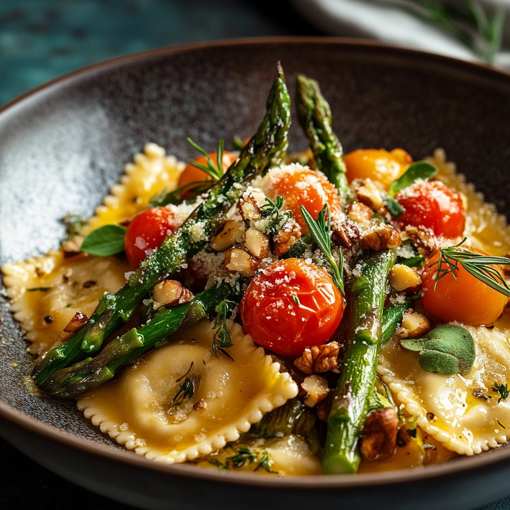 Ravioli with Tomatoes Asparagus Garlic and Herbs